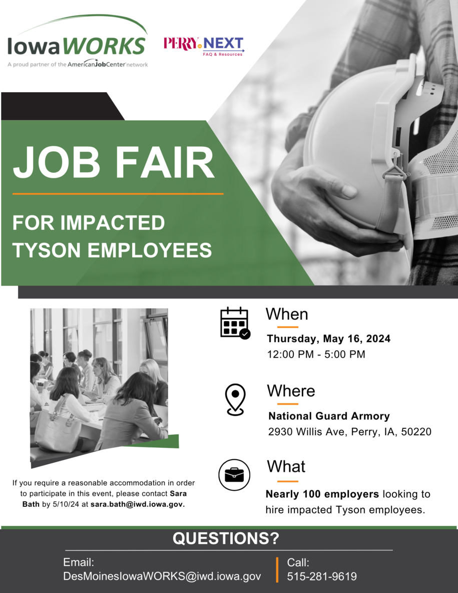 Perry Job Fair for Impacted Tyson Workers on May 16 | Iowa Workforce ...
